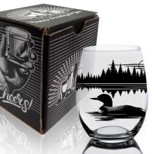 Toasted Tales Loon Scene Lake and Lodge Collection | 16 oz Stemless Wine Glass | Seasonal Outdoor Home Décor Accessory Glassware | Forest Animals Design | Wine Tasting Gift For Her