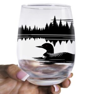 Toasted Tales Loon Scene Lake and Lodge Collection | 16 oz Stemless Wine Glass | Seasonal Outdoor Home Décor Accessory Glassware | Forest Animals Design | Wine Tasting Gift For Her