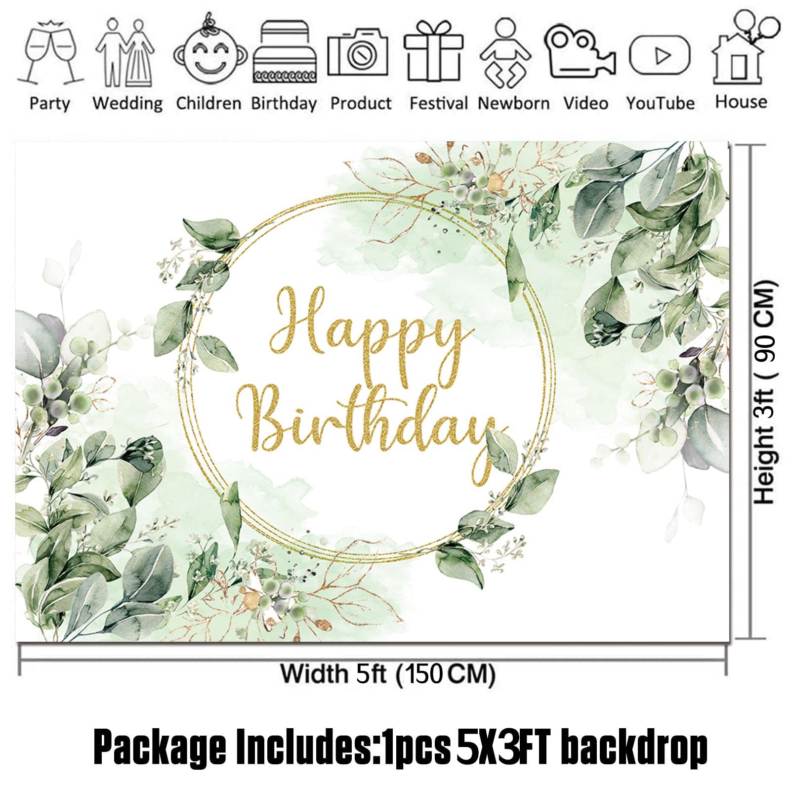 Greenery Succulent and Eucalyptus Leaves Photography Backdrop Bloom Eucalyptus Leaves Photo Background for Happy Birthday Party Decoration Cake Table Banner Supplies 5x3ft