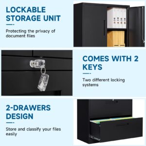 peukc 2-drawer metal file cabinet, lateral vertical filing cabinets for home office, locking file cabinet with storage shelves, legal/letter/a4 size office file cabinet, (black, assemble required)