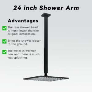 Drettyer Shower Arm with Flange 24 Inches Ceiling Mount Square Straight Extender Extension Pipe Replacement, Extra Long Shower Arm For Fixed Rain Shower Head or High Ceiling, Matte Black