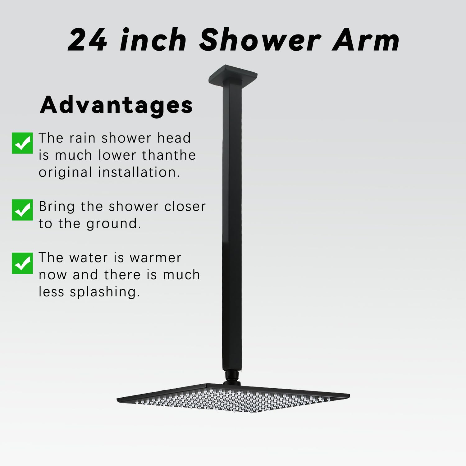 Drettyer Shower Arm with Flange 24 Inches Ceiling Mount Square Straight Extender Extension Pipe Replacement, Extra Long Shower Arm For Fixed Rain Shower Head or High Ceiling, Matte Black