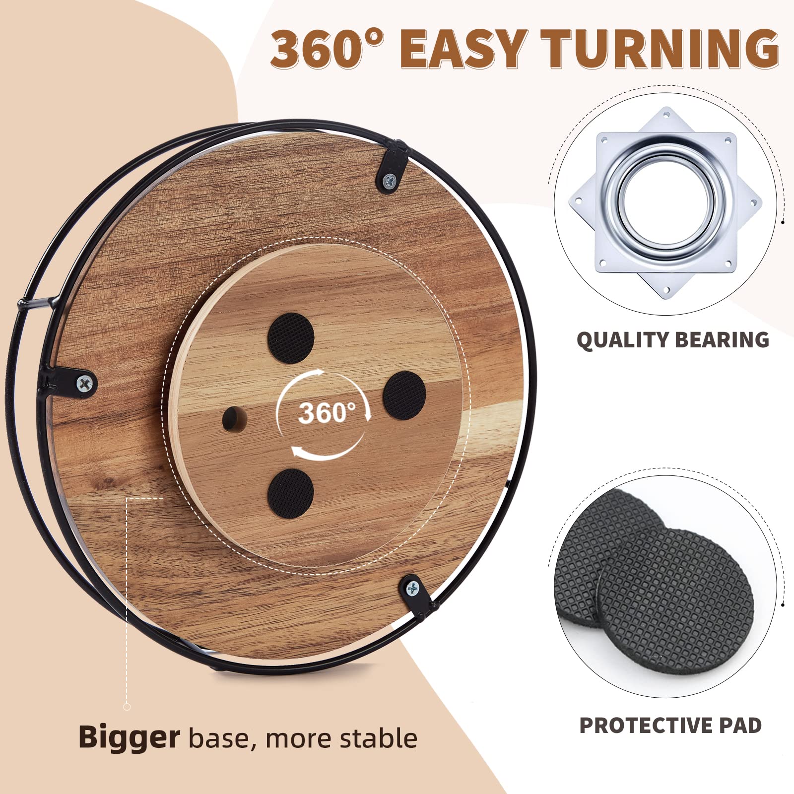 9" Acacia Wood Lazy Susan Turntable, Tomoaza Kitchen Organizer Turntable with Steel Sides, 360 Degree Turntable for Countertop Cabinet or Dining Table(Black)