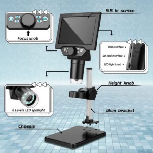 LCD Digital Microscope,5.5 Inch 1080P 10 Megapixels,1-1000X Magnification Zoom Wireless USB Stereo Microscope Camera,10MP Camera Video Recorder with HD Screen