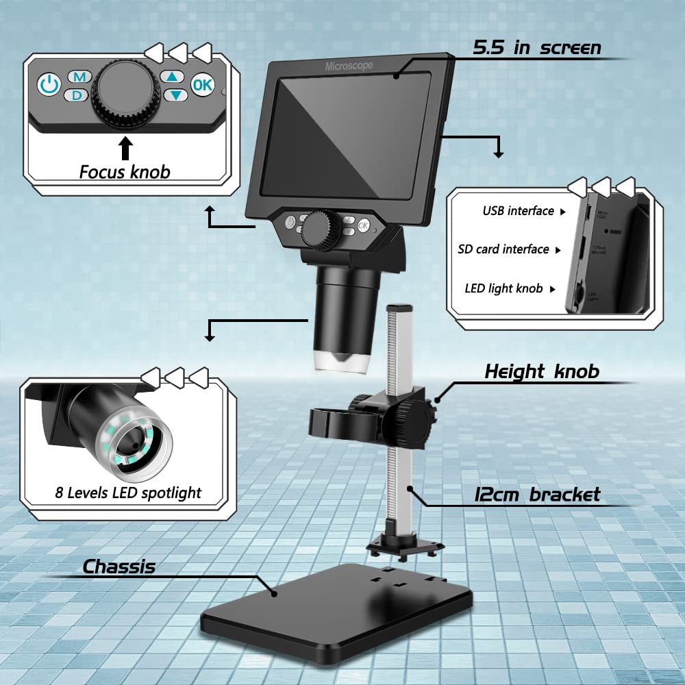 LCD Digital Microscope,5.5 Inch 1080P 10 Megapixels,1-1000X Magnification Zoom Wireless USB Stereo Microscope Camera,10MP Camera Video Recorder with HD Screen