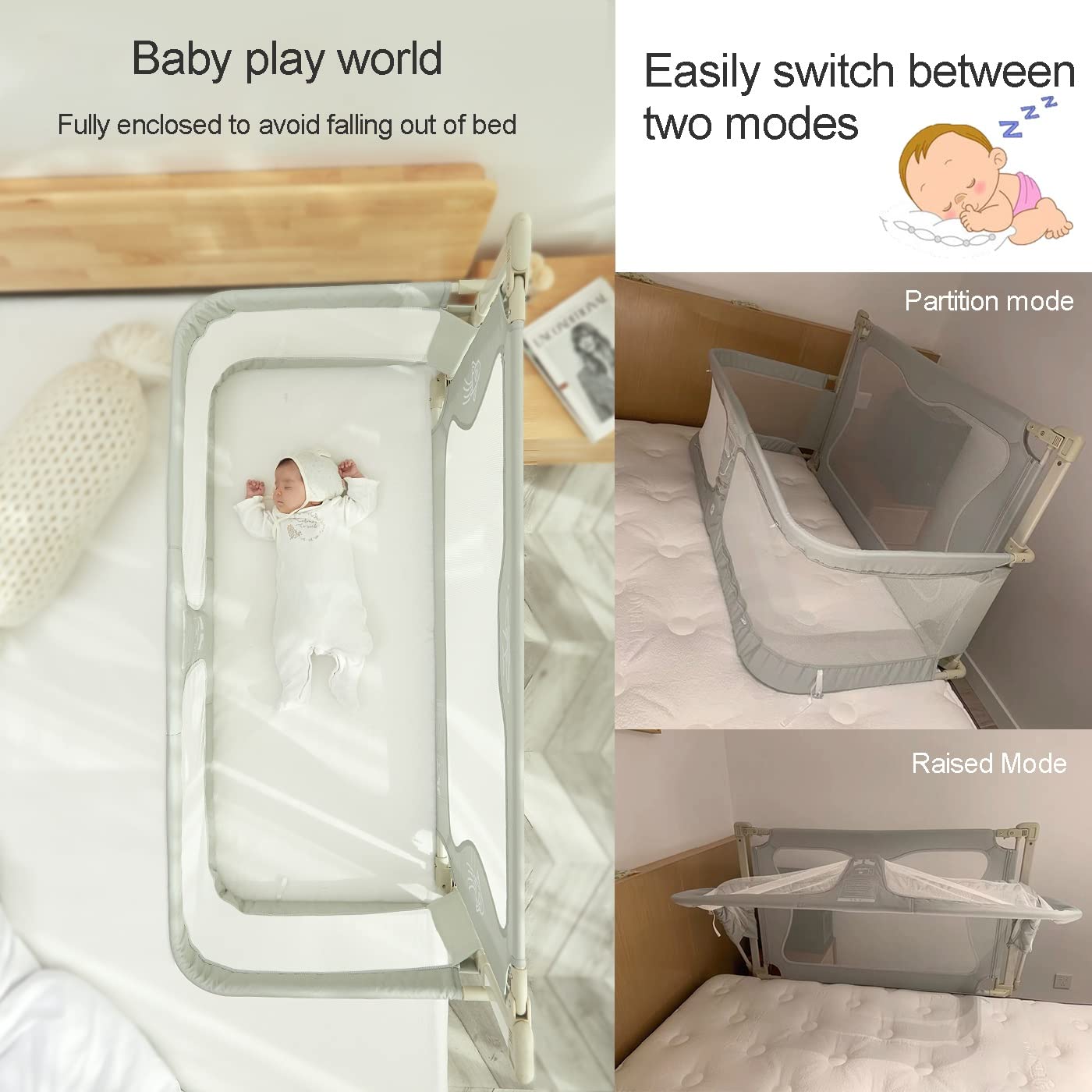 3 in 1 Baby Bedside Sleeper,Portable Crib,cosleeper for baby in bed,co sleeper bassinet attach to bed,breathable and visible mesh window,baby bed with rails,Easy to Assemble Cradle Stationary ( Color