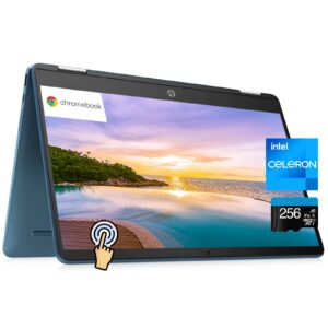 hp x360 chromebook 14" hd touchscreen 2-in-1 convertible thin light laptop computer, 4-core intel celeron n4120, 4gb ram, 64gb emmc + 256gb sd card, wi-fi, bt 5, type-c, long battery life, chrome os