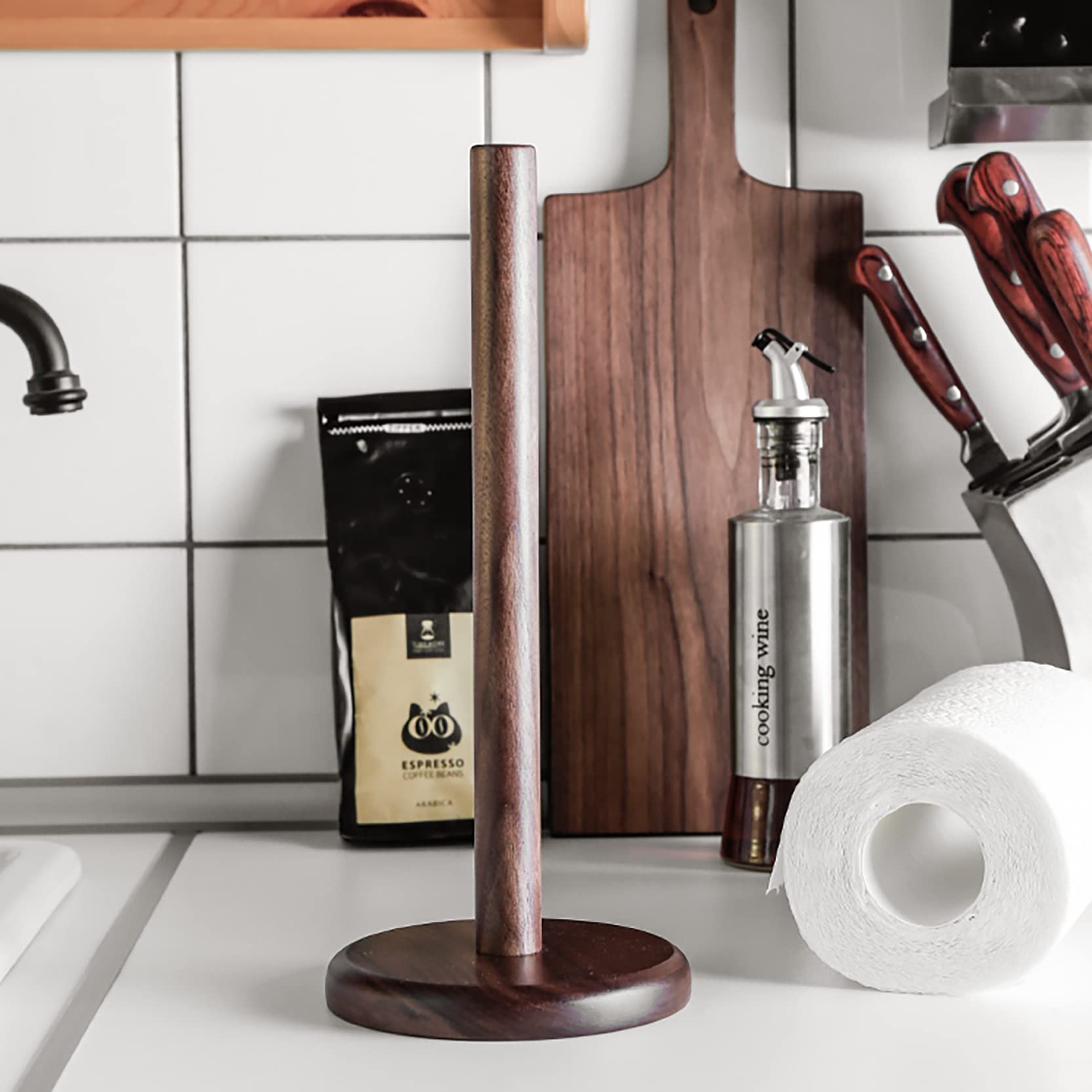 UPTALY 1 pcs Paper Towel Holder (12.2'' x 5.3''), Solid Black Walnut Wood, with Round Wooden Base, no Splicing Base, Standing Paper Towels Dispenser, Vintage Kitchen Paper Hanger Rack