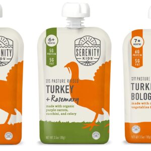 Serenity Kids 6+ Months Turkey Lover Baby Food Pouch Bundle | 6 Each of Pasture Raised Turkey, Turkey & Rosemary and Turkey Bolognese Pouches (18 Count)