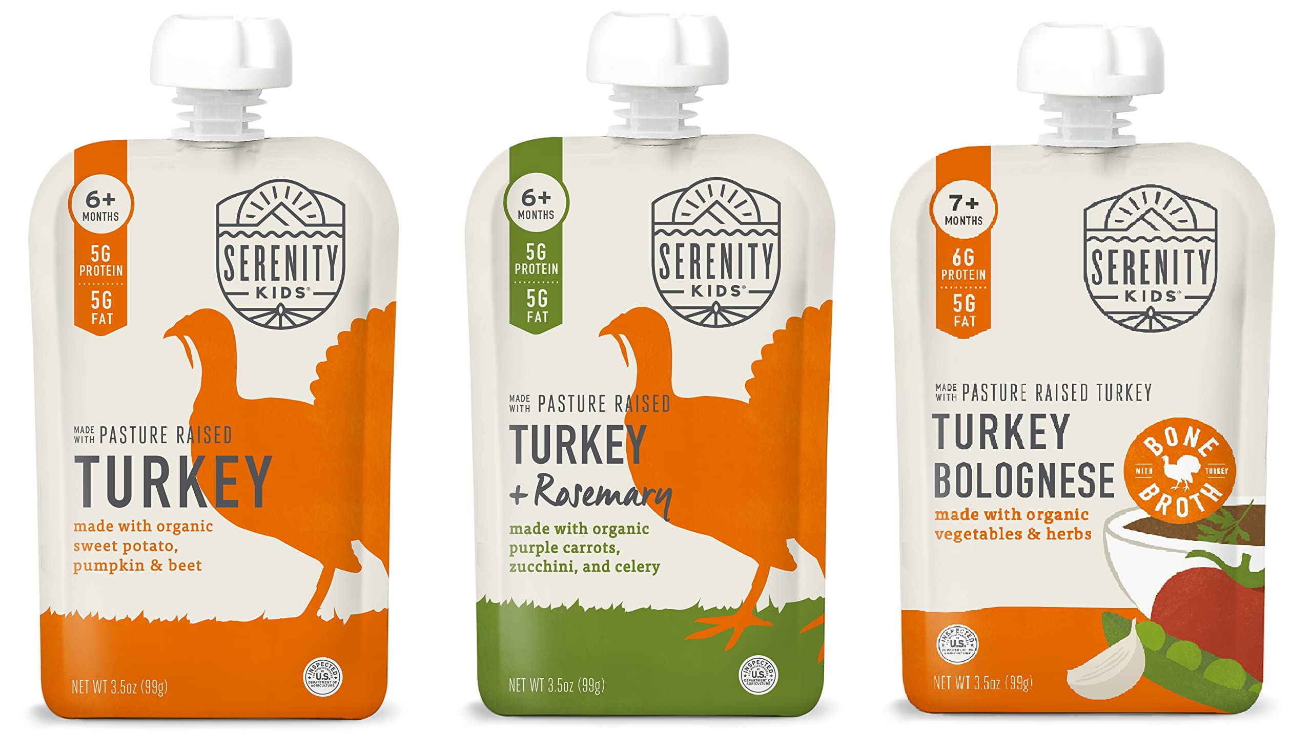 Serenity Kids 6+ Months Turkey Lover Baby Food Pouch Bundle | 6 Each of Pasture Raised Turkey, Turkey & Rosemary and Turkey Bolognese Pouches (18 Count)