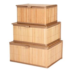 bamboo decorative storage boxes with lids - nesting rectangular lidded box for organization - stackable basket with cloth liner - organizer for toys, home, office - woven basket - set of 3