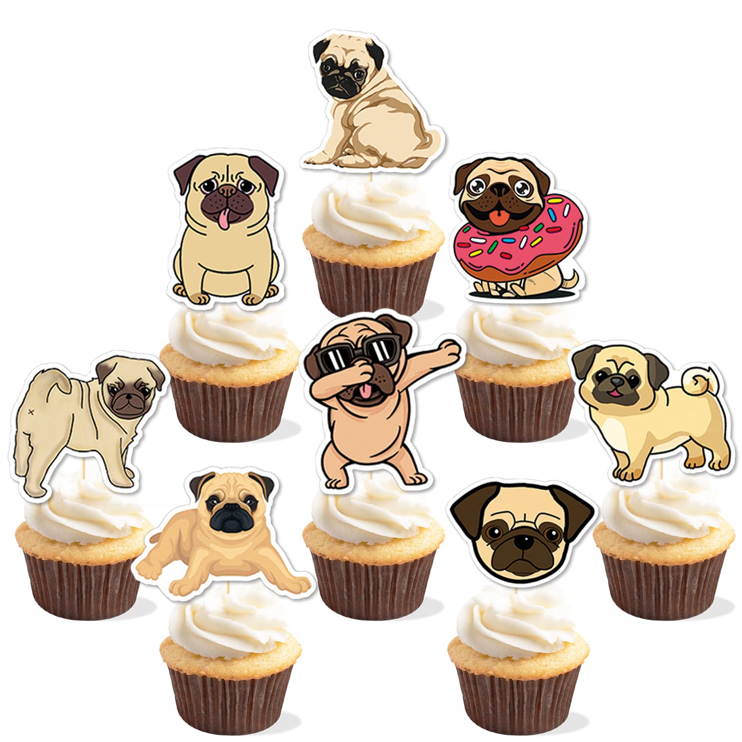 50 Pieces Pug Cupcake Toppers Pet Pugs Dog Cake Decoration Cute Pet Dog Pug Themed Stickers (2 in 1) Kids Boy Girl Happy Birthday Party Supplies