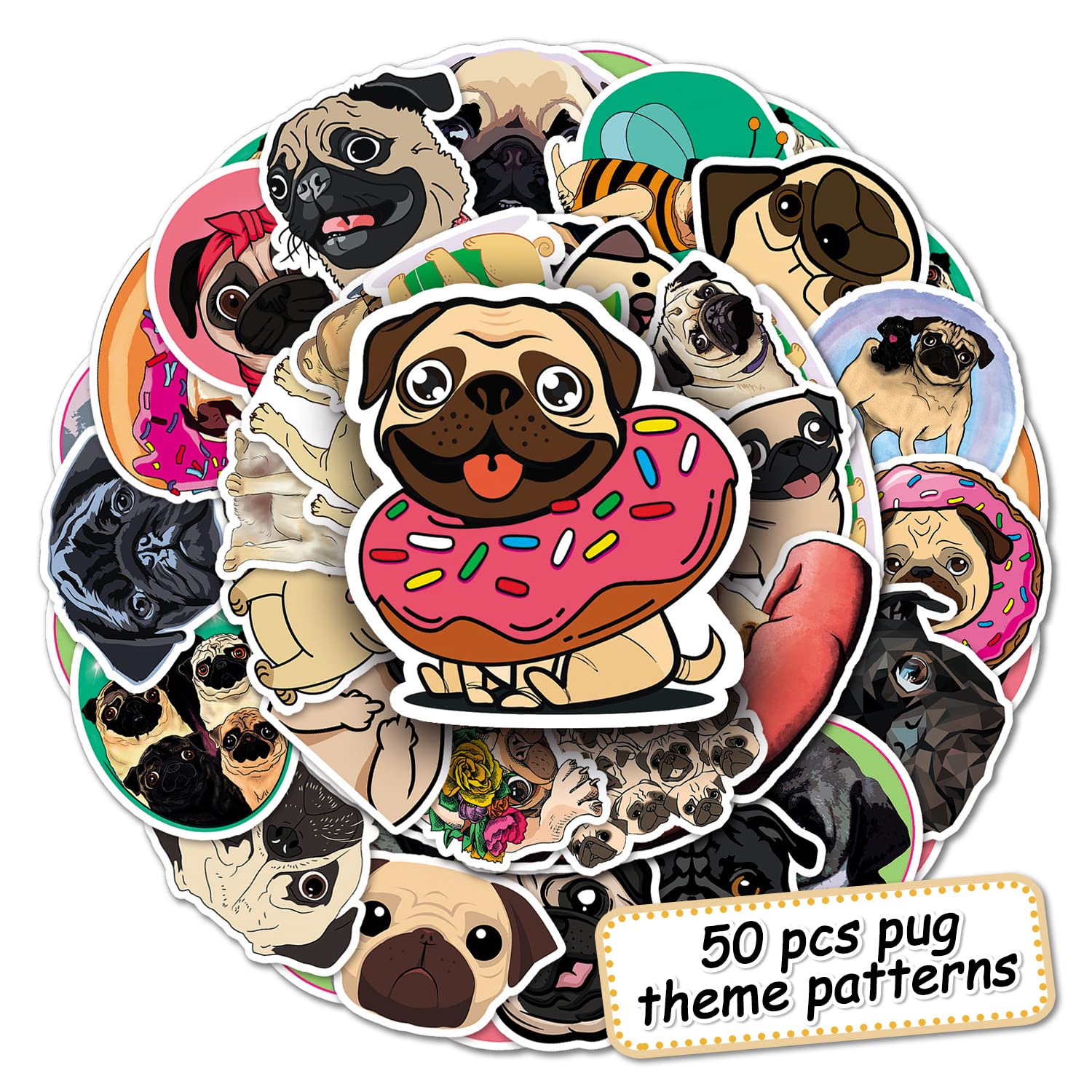 50 Pieces Pug Cupcake Toppers Pet Pugs Dog Cake Decoration Cute Pet Dog Pug Themed Stickers (2 in 1) Kids Boy Girl Happy Birthday Party Supplies