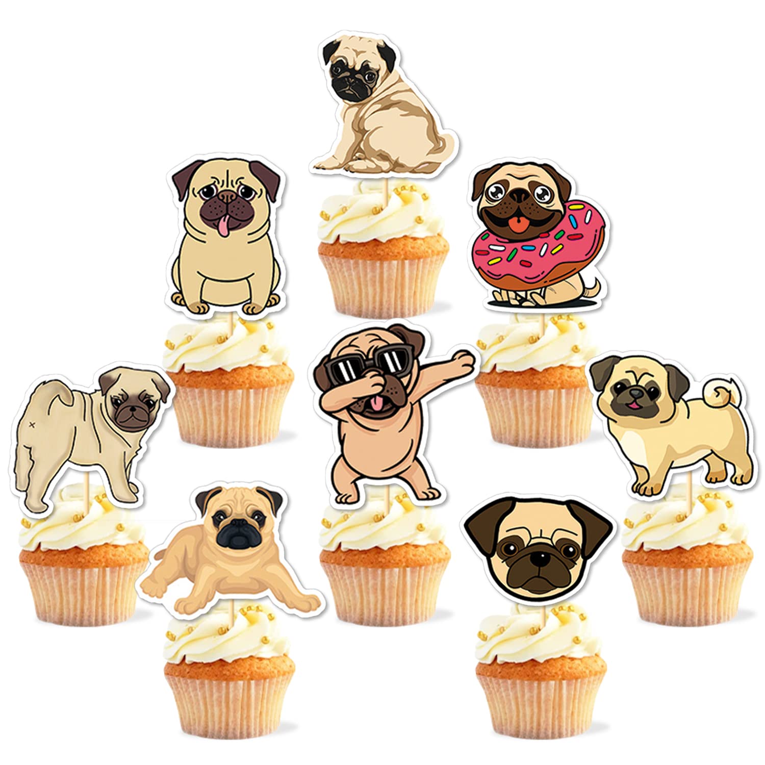 50 Pieces Pug Cupcake Toppers Pet Pugs Dog Cake Decoration Cute Pet Dog Pug Themed Stickers (2 in 1) Kids Boy Girl Happy Birthday Party Supplies