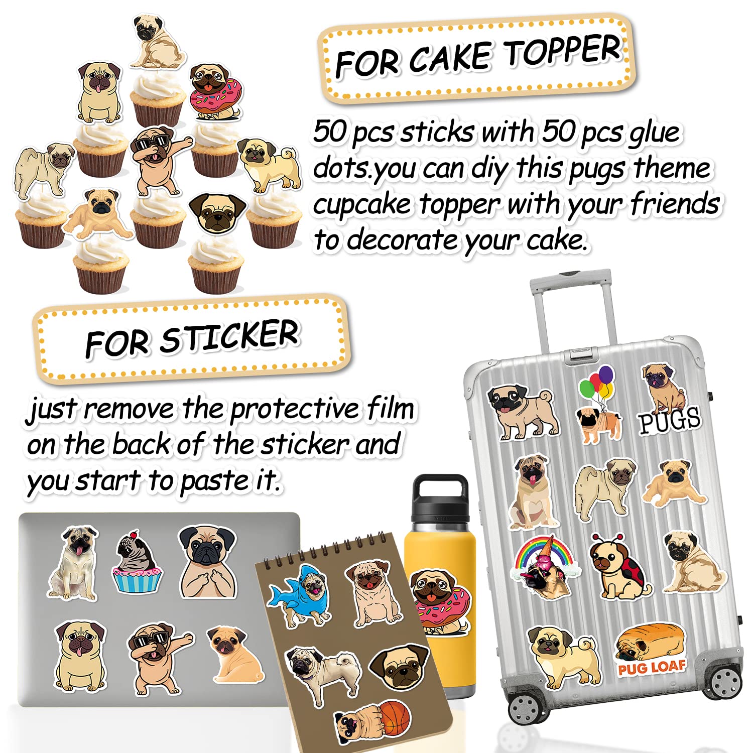 50 Pieces Pug Cupcake Toppers Pet Pugs Dog Cake Decoration Cute Pet Dog Pug Themed Stickers (2 in 1) Kids Boy Girl Happy Birthday Party Supplies