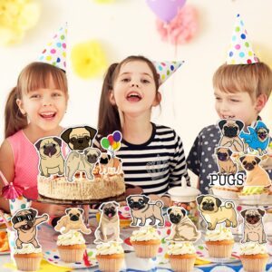 50 Pieces Pug Cupcake Toppers Pet Pugs Dog Cake Decoration Cute Pet Dog Pug Themed Stickers (2 in 1) Kids Boy Girl Happy Birthday Party Supplies