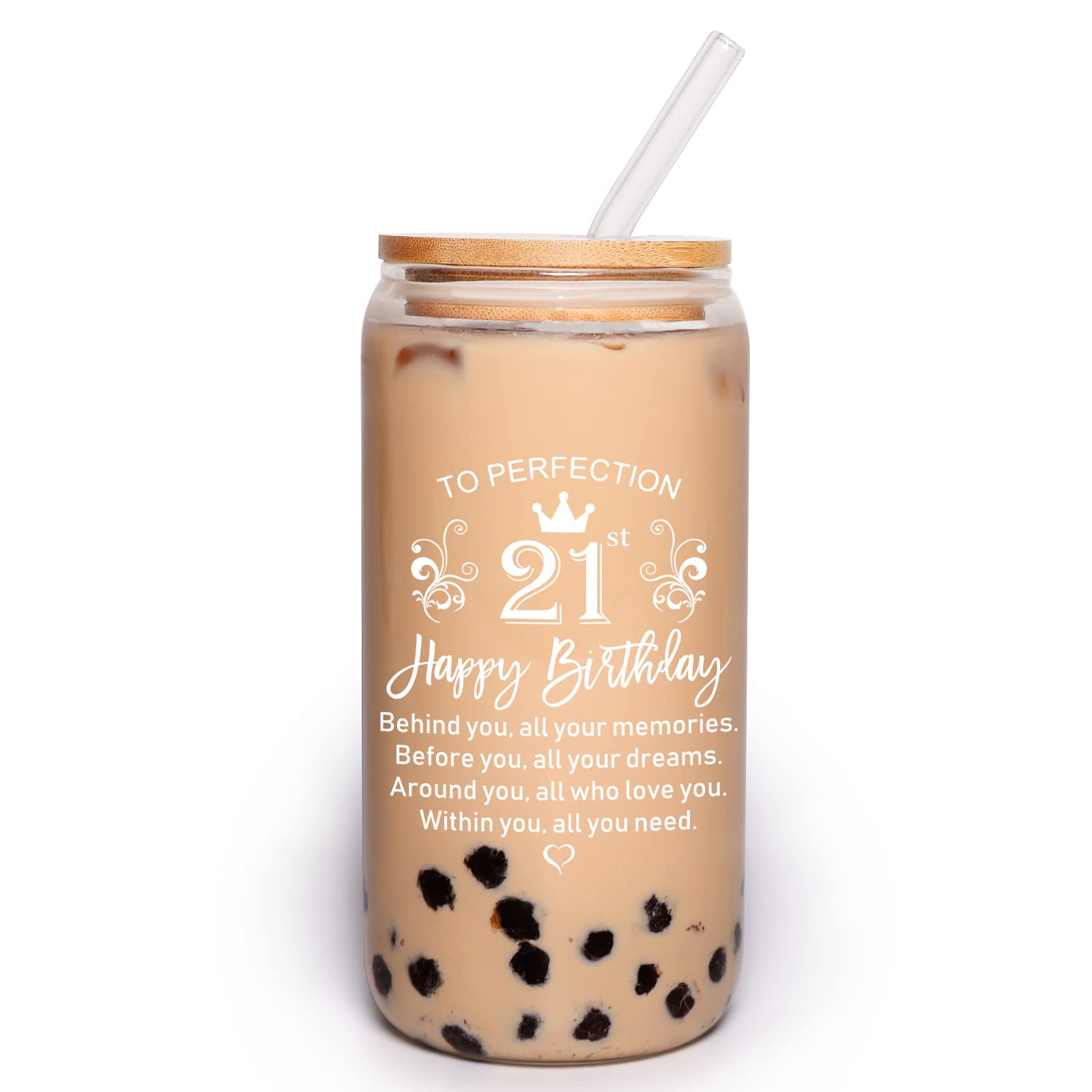 21st Birthday Gifts for Her, Happy 21st Birthday Decorations for Her, Funny 21 Year Old Birthday Gift Ideas for Her, Friends, Sister, Daughter - 16 Oz Can Shaped Glass Cups with Lids and Straws