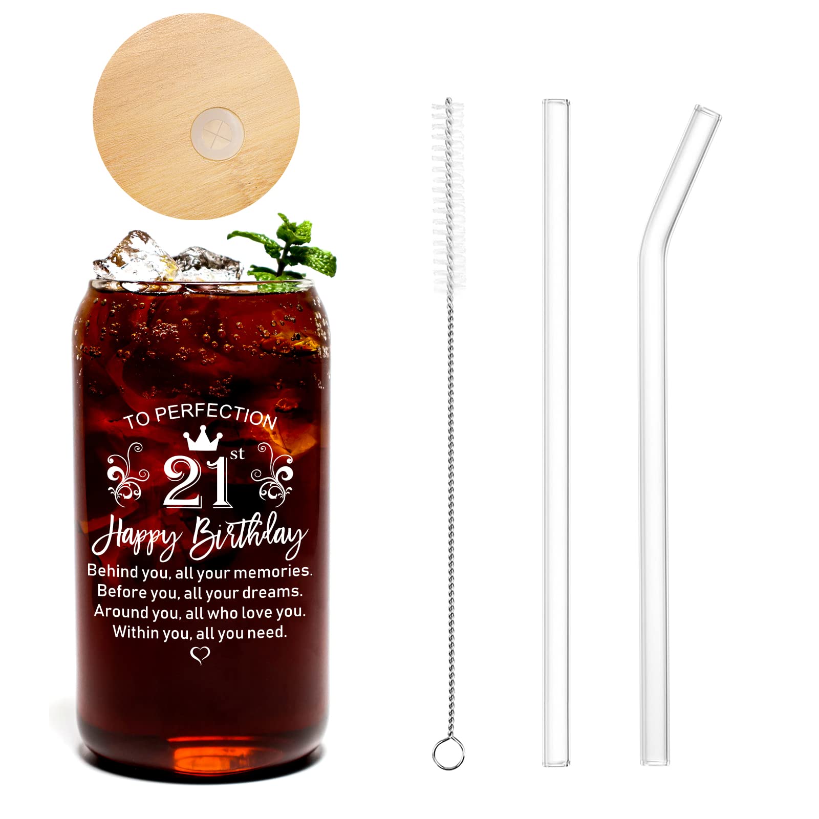 21st Birthday Gifts for Her, Happy 21st Birthday Decorations for Her, Funny 21 Year Old Birthday Gift Ideas for Her, Friends, Sister, Daughter - 16 Oz Can Shaped Glass Cups with Lids and Straws