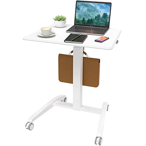 Gibbon Mounts Mobile Standing Desk, Height Adjustable Rolling Laptop Desk, 27 inches Portable Sit Stand Desk with Wheels and Hook, Pneumatic Computer Table, White