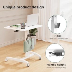 Gibbon Mounts Mobile Standing Desk, Height Adjustable Rolling Laptop Desk, 27 inches Portable Sit Stand Desk with Wheels and Hook, Pneumatic Computer Table, White