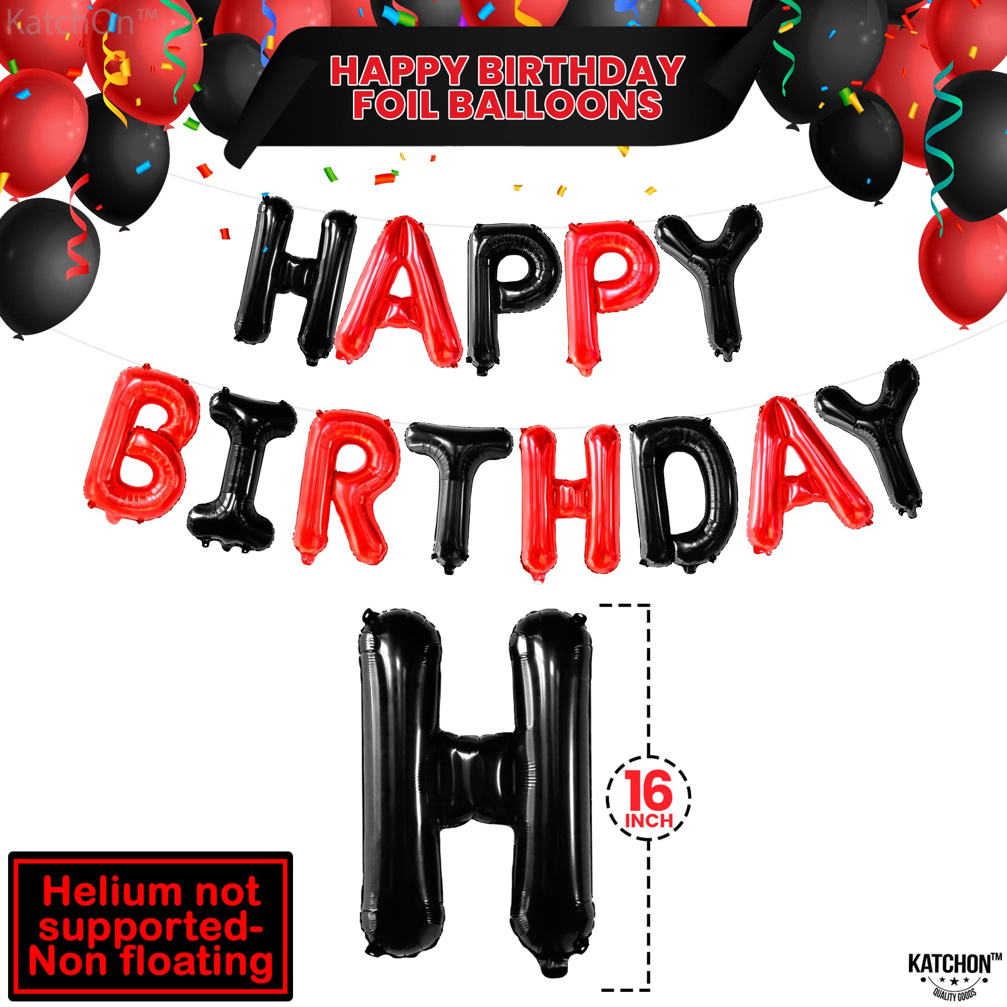 KatchOn, Red and Black Happy Birthday Banner - 16 Inch | Red and Black Birthday Decorations | Red and Black Happy Birthday Balloons Letters for Red And Black Party Decor | Happy Birthday Decorations