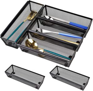 kuakee 11.8 x 3 x 2 inch silverware drawer organizer, 6 pcs metal mesh drawer organizer for kitchen, black utensil organizer, silverware tray with interlocking arm for flatware knives forks and spoons