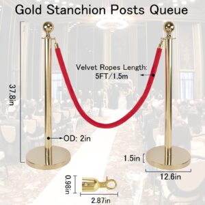 Gold Crowd Control Stanchions, Red Velvet Rope Stanchion Set, Stanchion Posts Queue Pole with 5 ft/1.5 m Red Velvet Rope - Stanchions and Velvet Ropes for Movie Theater (38 Inch, 4Pcs)