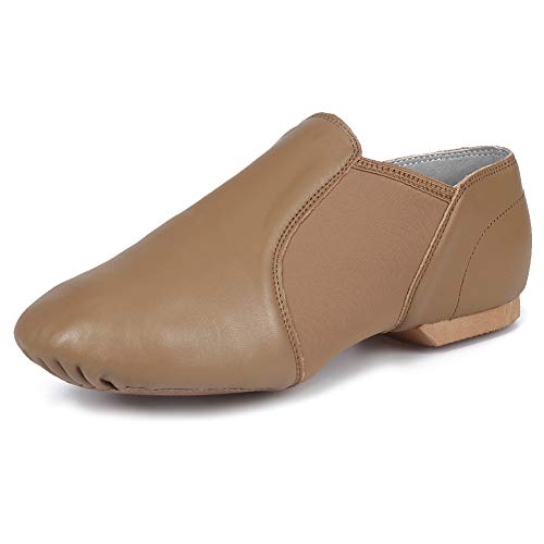 ROGMUJEN Women Tan Jazz Shoes Slip-on Leather for Girls/Boys/Men's/Toddler/Kid's,Brown,10M US