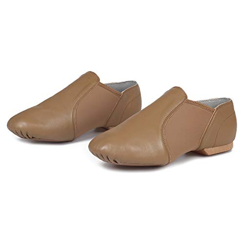 ROGMUJEN Women Tan Jazz Shoes Slip-on Leather for Girls/Boys/Men's/Toddler/Kid's,Brown,10M US