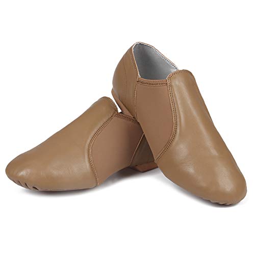 ROGMUJEN Women Tan Jazz Shoes Slip-on Leather for Girls/Boys/Men's/Toddler/Kid's,Brown,10M US