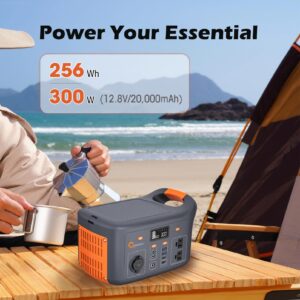 Portable Power Station 20000mAh Solar Outdoor Generator, 256WH 110V/300W AC, DC, USB QC, LED Flashlight for Outdoor Camping RV Home Backup