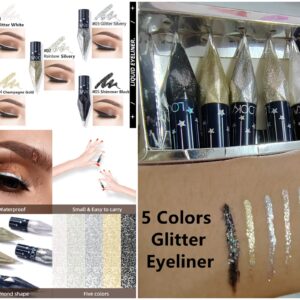 Go Ho Glitter Liquid Eyeliner Colorful Set,5 Colors Metallic Shimmer White Black Silver Gold Diamond Eyeliner,Glitter Eyeliner Sticks,Waterproof Eyeliner,Long Lasting Sparkle Eye Makeup