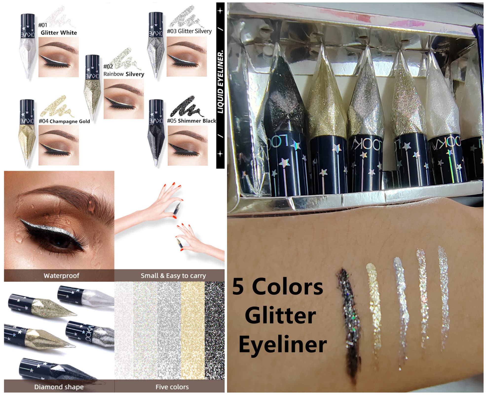 Go Ho Glitter Liquid Eyeliner Colorful Set,5 Colors Metallic Shimmer White Black Silver Gold Diamond Eyeliner,Glitter Eyeliner Sticks,Waterproof Eyeliner,Long Lasting Sparkle Eye Makeup