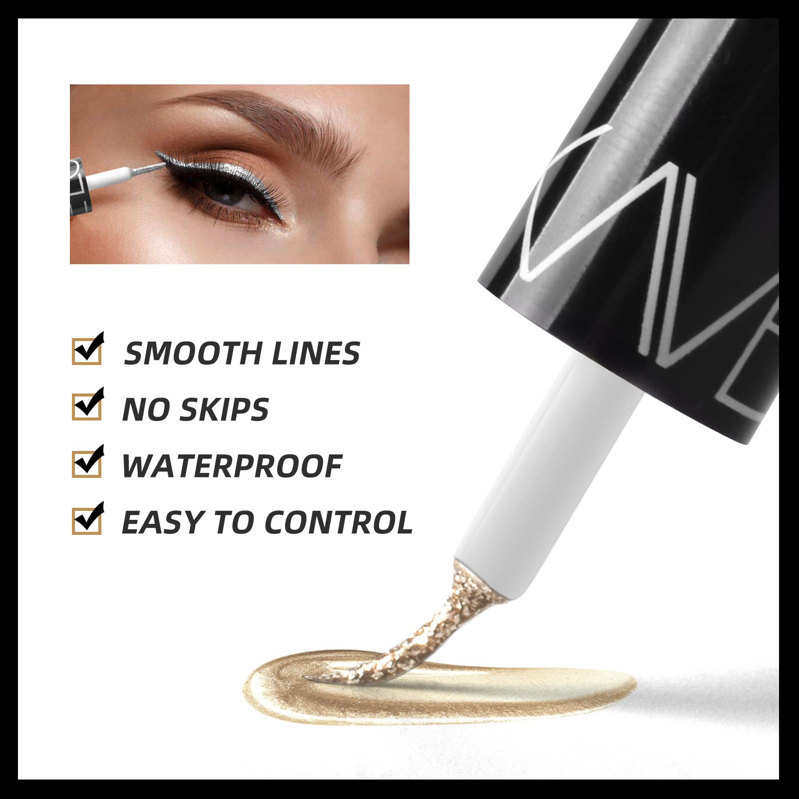 Go Ho Glitter Liquid Eyeliner Colorful Set,5 Colors Metallic Shimmer White Black Silver Gold Diamond Eyeliner,Glitter Eyeliner Sticks,Waterproof Eyeliner,Long Lasting Sparkle Eye Makeup