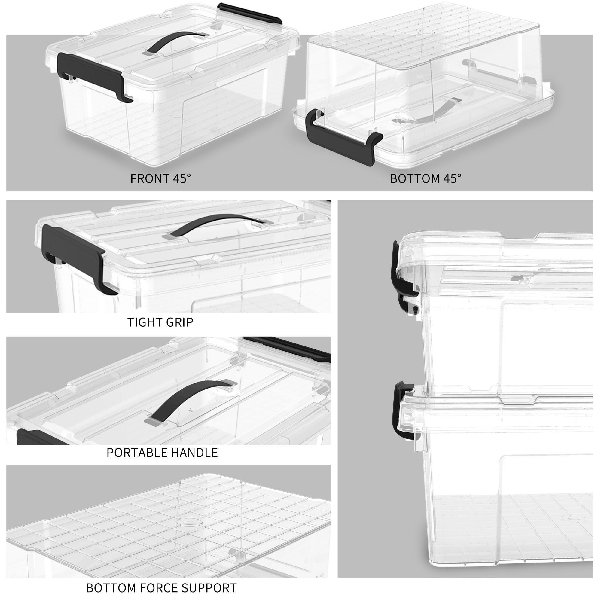 Cetomo Lidded Storage Bin with Handle, Tote Organizing Container with Durable Lid and Secure Latching Buckles, Stackable and Nestable, Plastic, 16 Quart-4 Pack, Clear