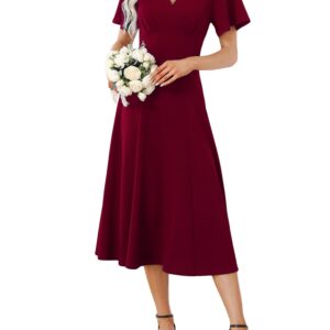 Ever-Pretty Women's Summer V-Neck Ruffles Sleeves Pleated Midi Evening Dress with Sleeves Burgundy US8