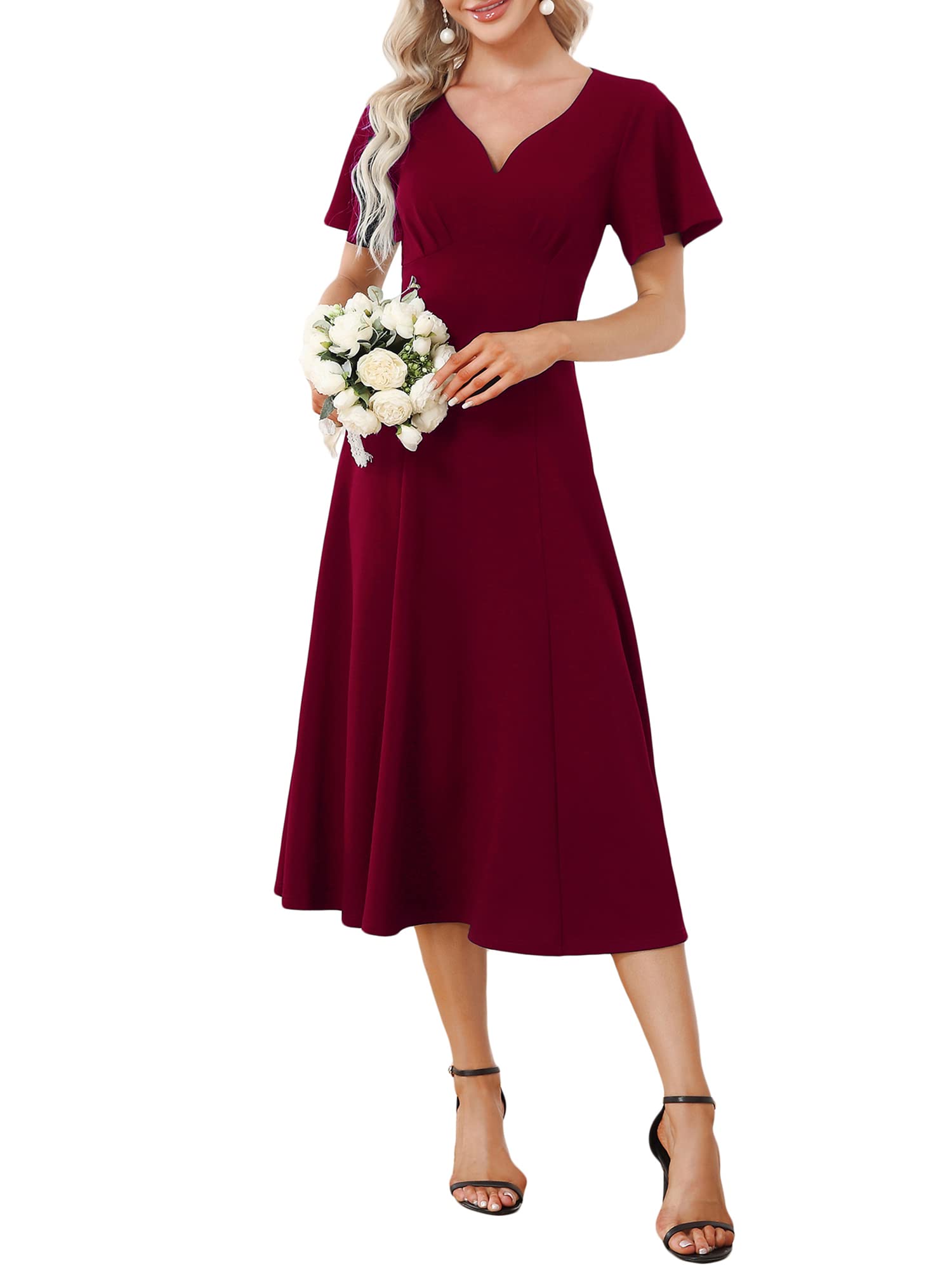 Ever-Pretty Women's Summer V-Neck Ruffles Sleeves Pleated Midi Evening Dress with Sleeves Burgundy US8