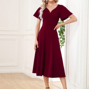 Ever-Pretty Women's Summer V-Neck Ruffles Sleeves Pleated Midi Evening Dress with Sleeves Burgundy US8