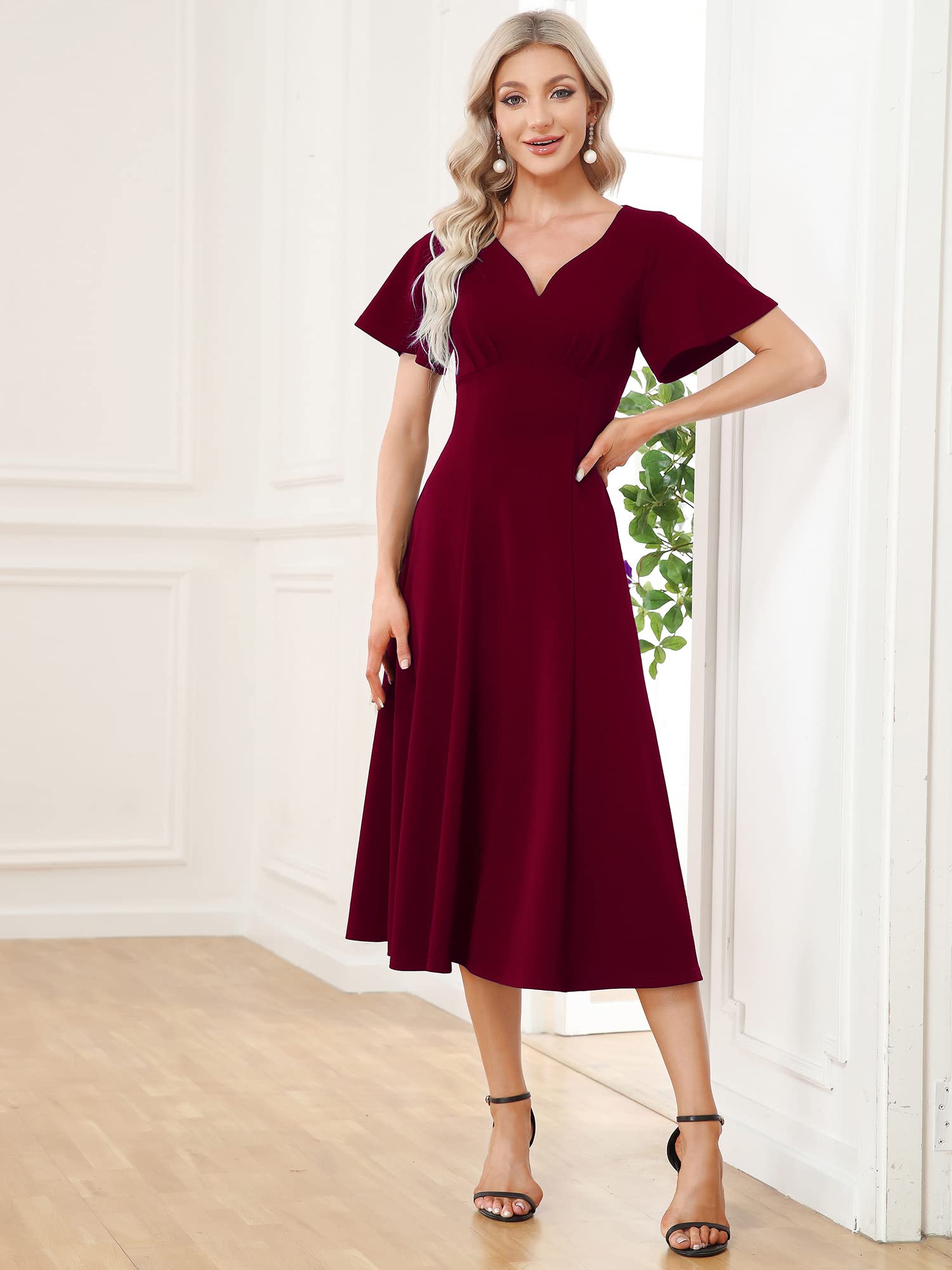 Ever-Pretty Women's Summer V-Neck Ruffles Sleeves Pleated Midi Evening Dress with Sleeves Burgundy US8