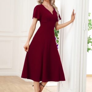 Ever-Pretty Women's Summer V-Neck Ruffles Sleeves Pleated Midi Evening Dress with Sleeves Burgundy US8