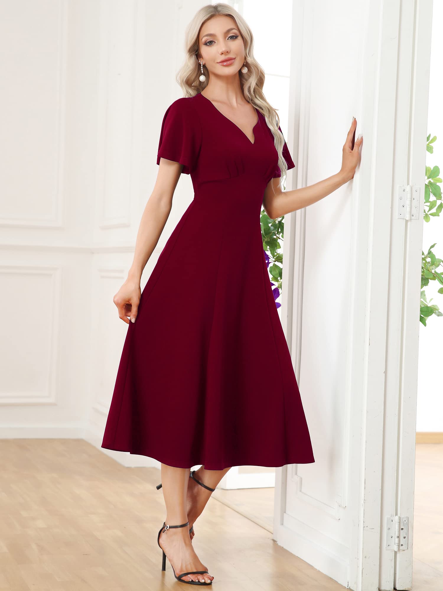 Ever-Pretty Women's Summer V-Neck Ruffles Sleeves Pleated Midi Evening Dress with Sleeves Burgundy US8