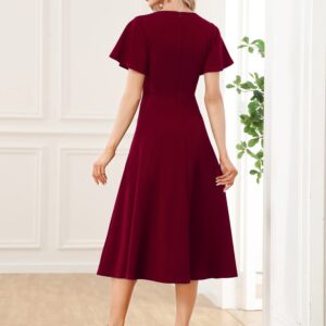 Ever-Pretty Women's Summer V-Neck Ruffles Sleeves Pleated Midi Evening Dress with Sleeves Burgundy US8