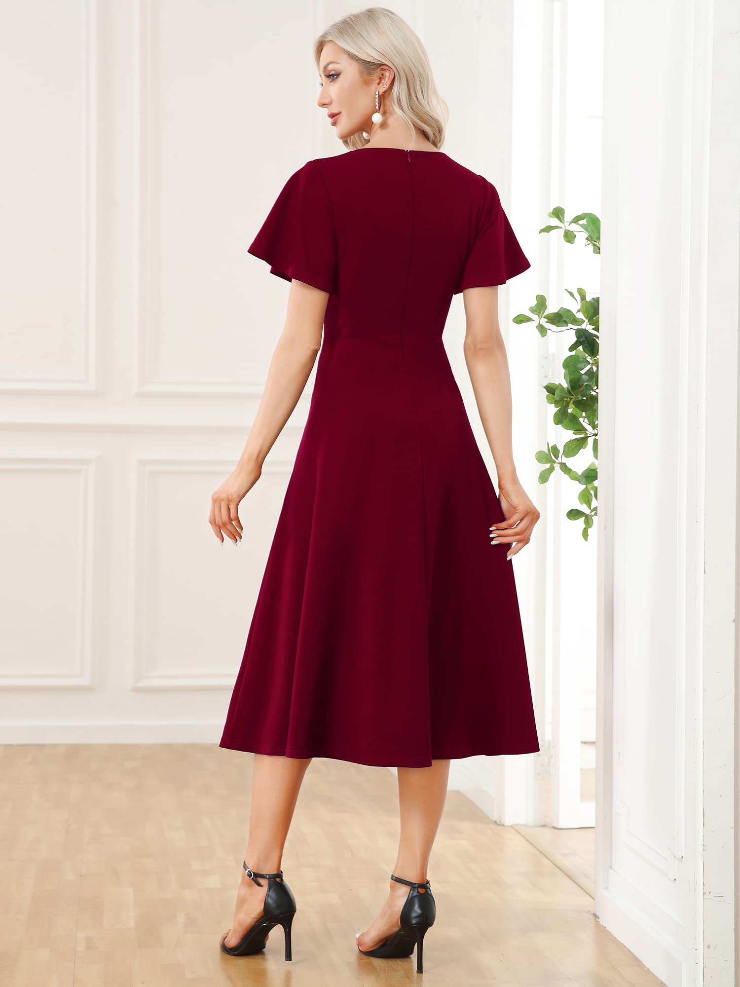 Ever-Pretty Women's Summer V-Neck Ruffles Sleeves Pleated Midi Evening Dress with Sleeves Burgundy US8