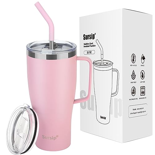 Sursip 32 oz Insulated Tumbler with Handle and Straw Lid, Vacuum Stainless Steel Cup, Keep Drinks Cold/Hot, Dishwasher Safe, Fit in Car Holder, Travel Coffee Mug for Home/Office/Party/Camping (Pink)