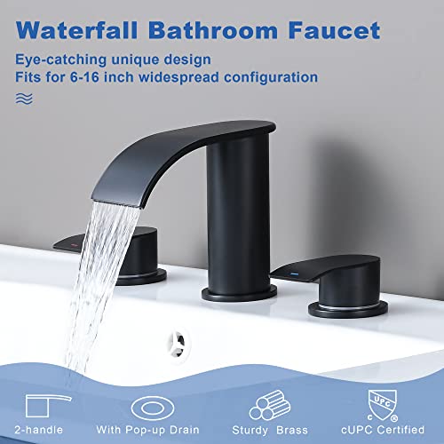 Matte Black Waterfall Bathroom Faucets for Sink 3 Hole - Widespread Bathroom Faucet Two Handles 8 Inch, Modern Bathroom Sink Faucet, with Metal Pop Up Drain Assembly & Supply Lines