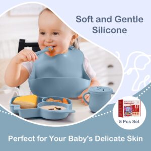 Mummentos Silicone Baby Feeding Set, 8 Pcs Premium Toddler Utensils, Baby Feeding Supplies, Complete Baby Led Weaning Utensils -Plate, Bowl, Baby Bibs, Cups, Baby Spoon and Baby Forks for Self Feeding