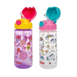 nuby 2-pack kid’s printed flip-it active water bottle with push button cap and soft straw - 18oz / 540ml, 18+ months, 2-pack, unicorns/sweet treats