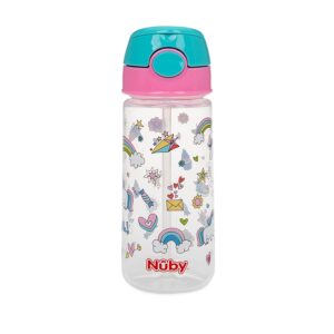 Nuby 2-Pack Kid’s Printed Flip-it Active Water Bottle with Push Button Cap and Soft Straw - 18oz / 540ml, 18+ Months, 2-Pack, Unicorns/Sweet Treats