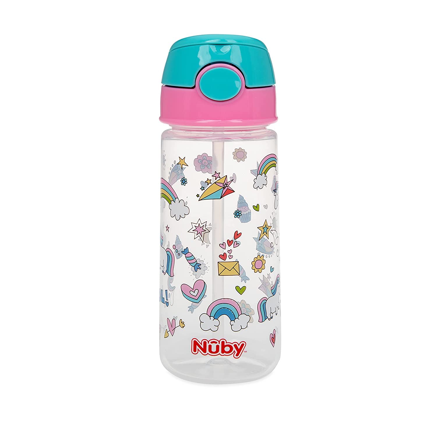 Nuby 2-Pack Kid’s Printed Flip-it Active Water Bottle with Push Button Cap and Soft Straw - 18oz / 540ml, 18+ Months, 2-Pack, Unicorns/Sweet Treats