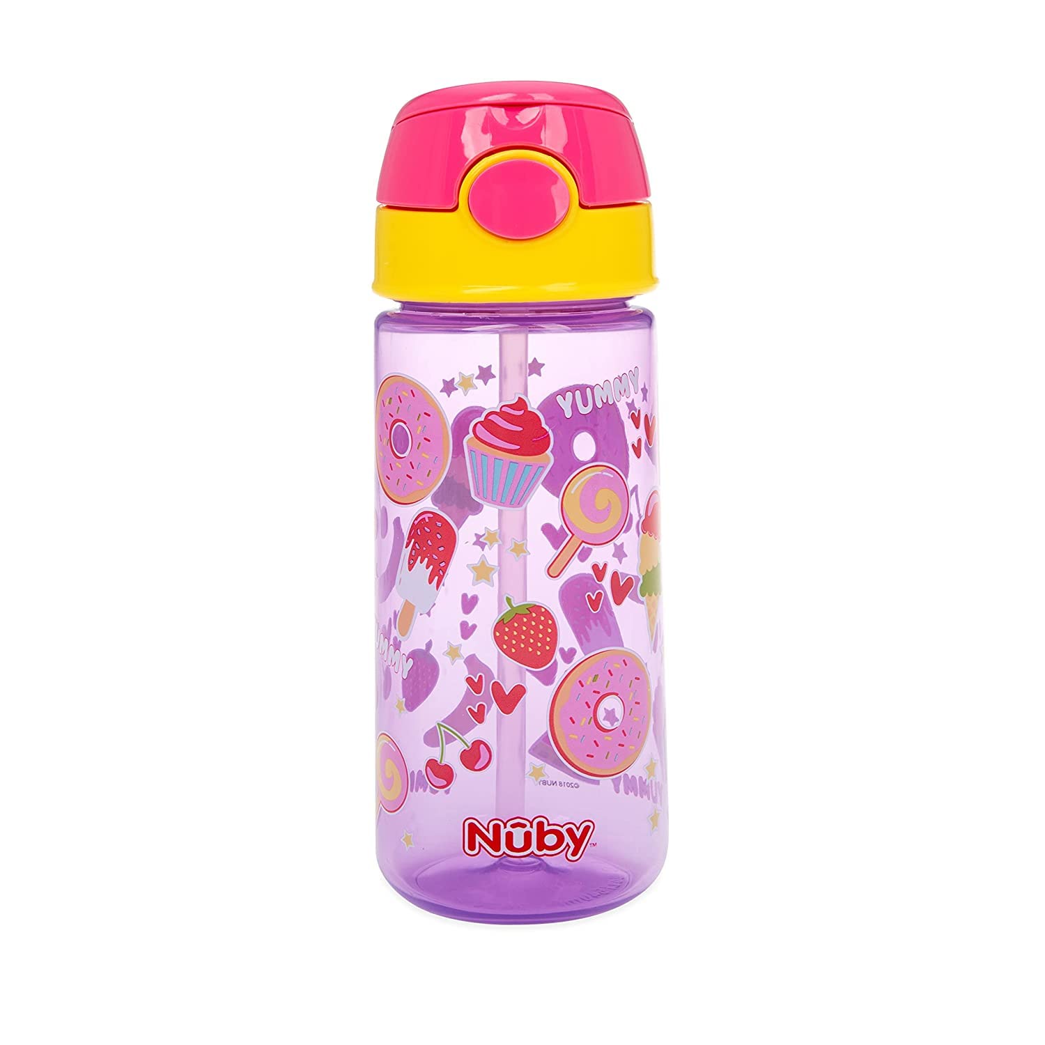 Nuby 2-Pack Kid’s Printed Flip-it Active Water Bottle with Push Button Cap and Soft Straw - 18oz / 540ml, 18+ Months, 2-Pack, Unicorns/Sweet Treats